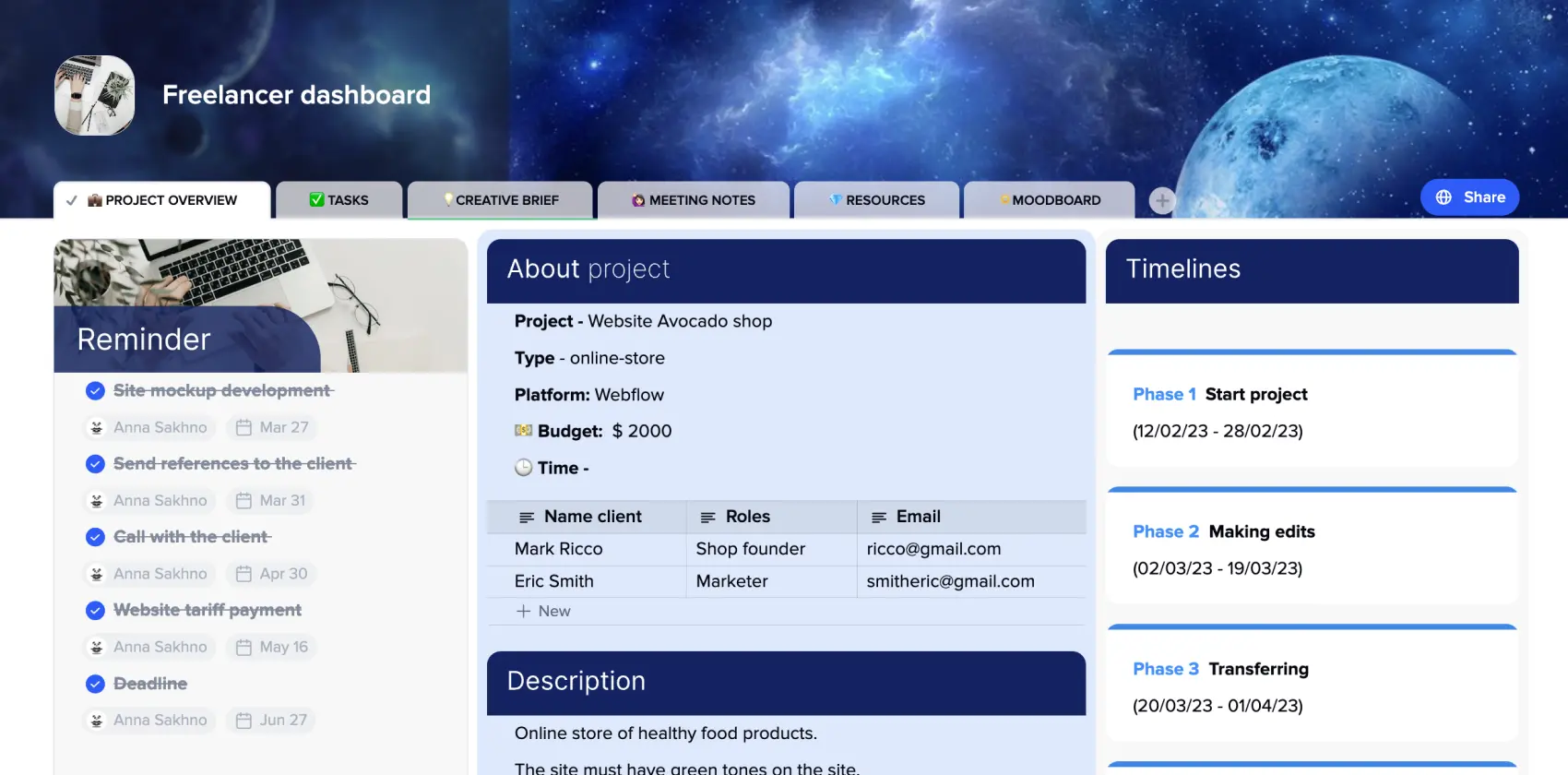 Freelancer Dashboard Template online for free | xTiles